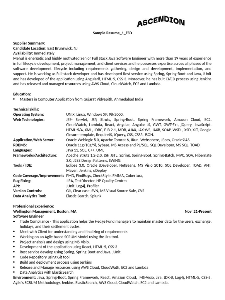Sample Resume 1 FSD (2) | PDF | Software Development Process | Spring ...