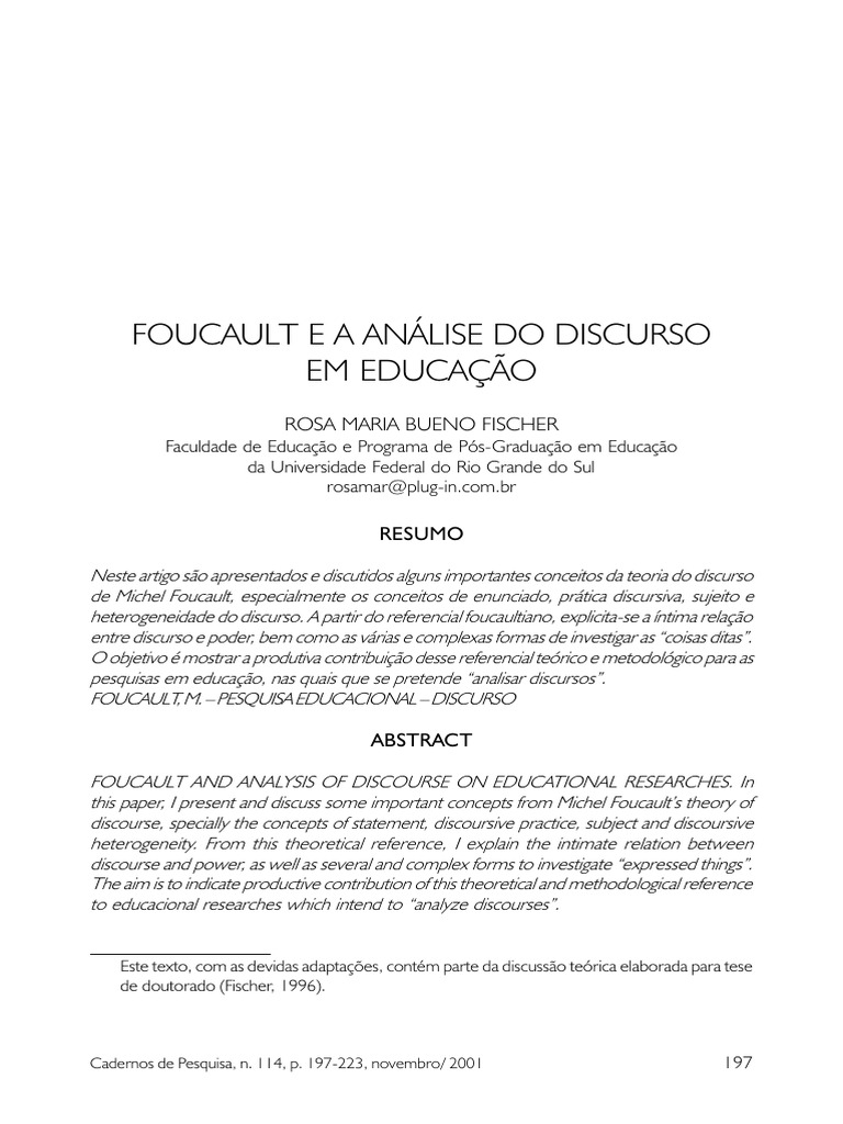 FOUCAULT e a Análise Do Discurso Em Educação | PDF | Discurso | Michel ...