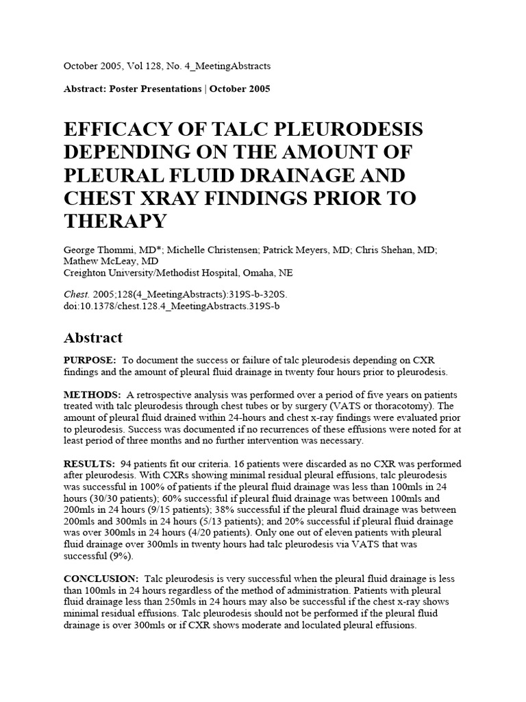 Efficacy of Talc Pleurodesis Depending on the Amount of Pleural Fluid ...