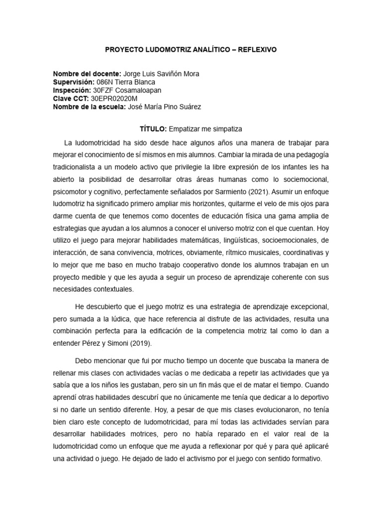 Proyecto Ludomotriz Analítico - Reflexivo Jorge Luis Saviñón Mora | PDF ...