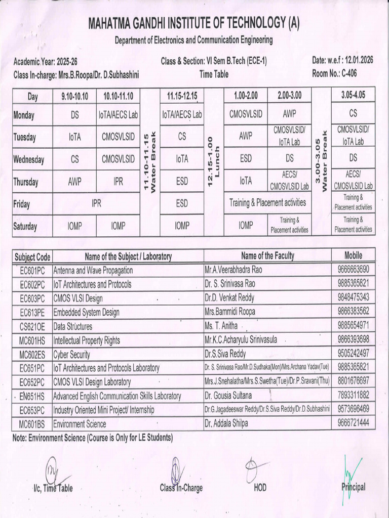 ECE, VI Sem Timetable-1 | PDF
