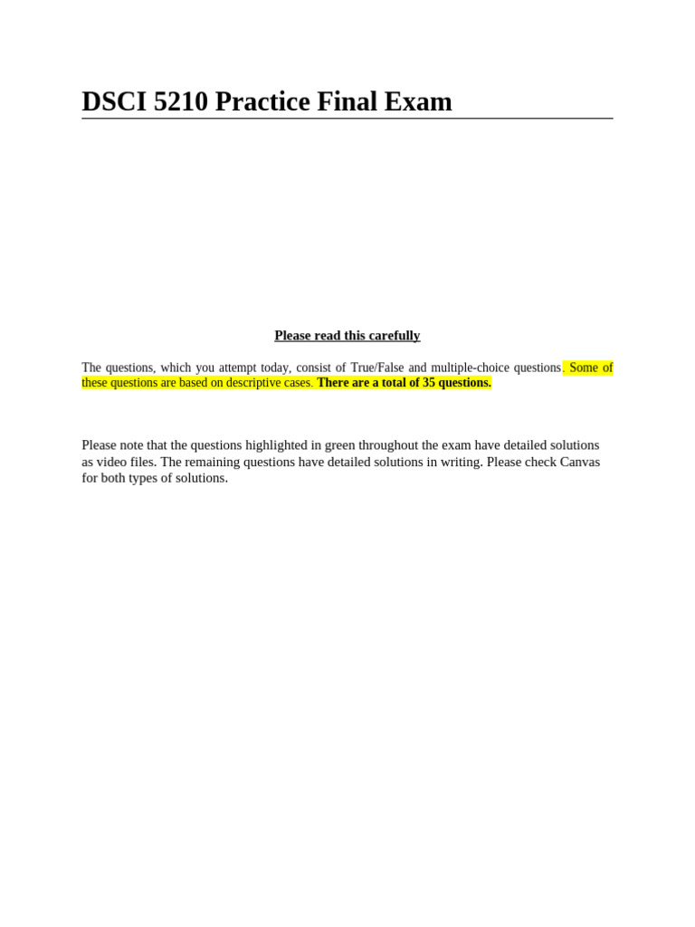 DSCI 5210 Sample Final Exam_delete Star | PDF | Mathematical ...