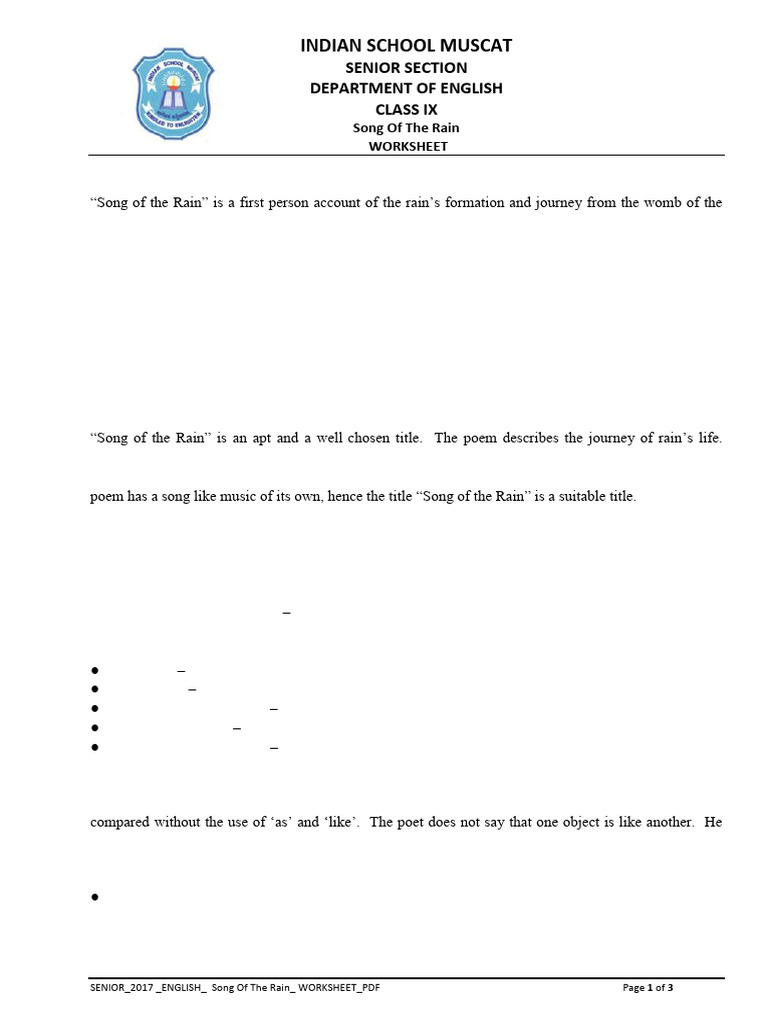 Class Ix English Song of The Rain Worksheet | PDF | Poetry | Metaphor