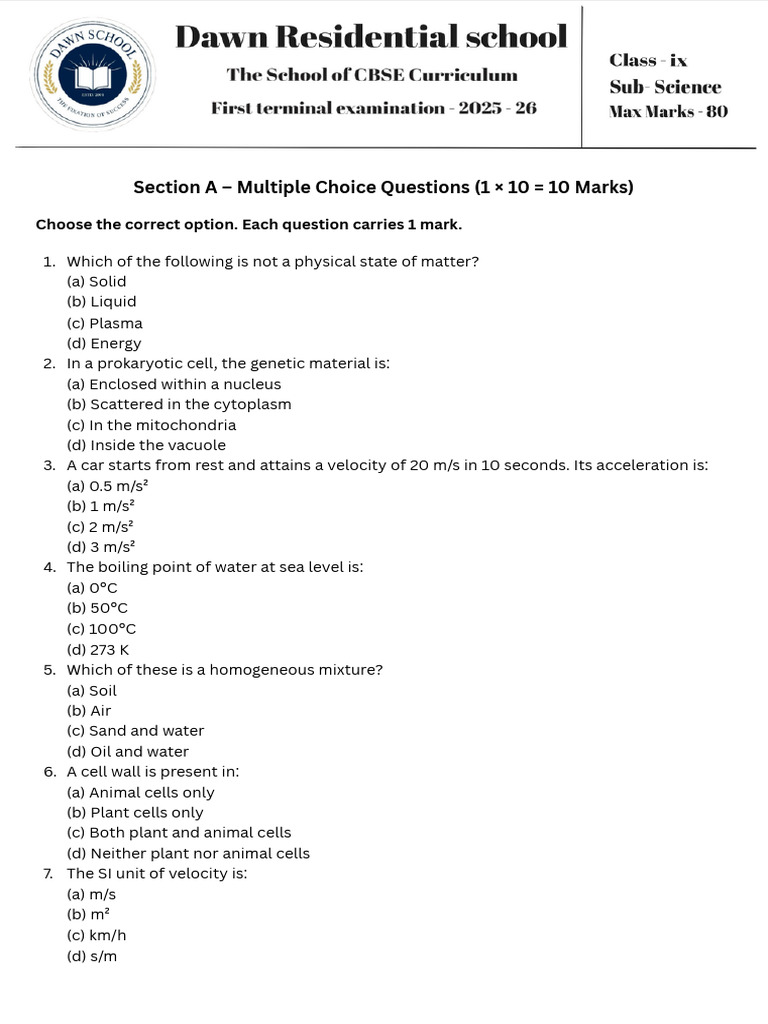 Section A - Multiple Choice Questions (1 × 10 10 Marks) | PDF | Cell ...
