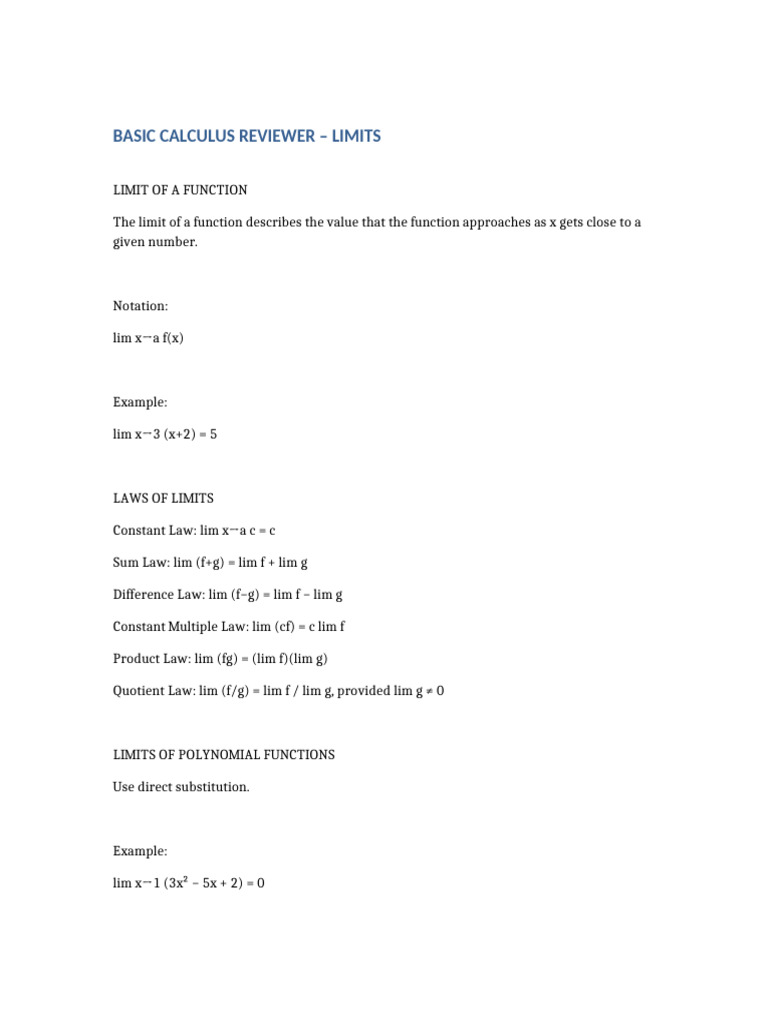 Basic Calculus Limits Reviewer | PDF