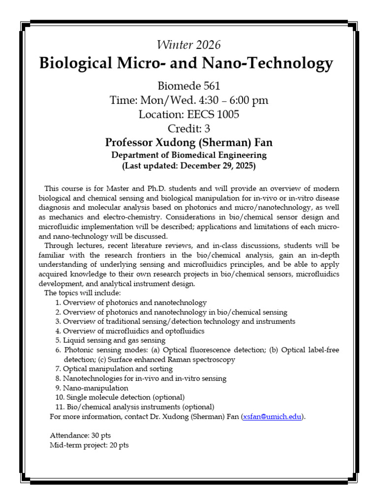 BME561 Winter of 2026 Syllabus - 12 29 2025 | PDF | Microfluidics ...