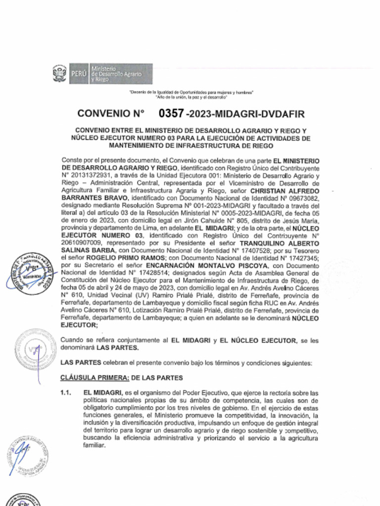 NUCLEO EJECUTOR NUMERO 03_CONVENIO N° 0357-2023-MIDGRI-DVDAFIR (1) | PDF