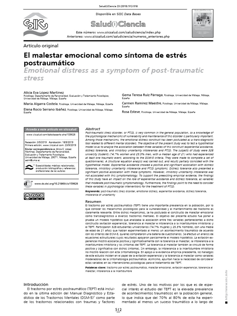 2019 - El Malestar Emocional Como Síntoma de Estrés Postraumático | PDF ...