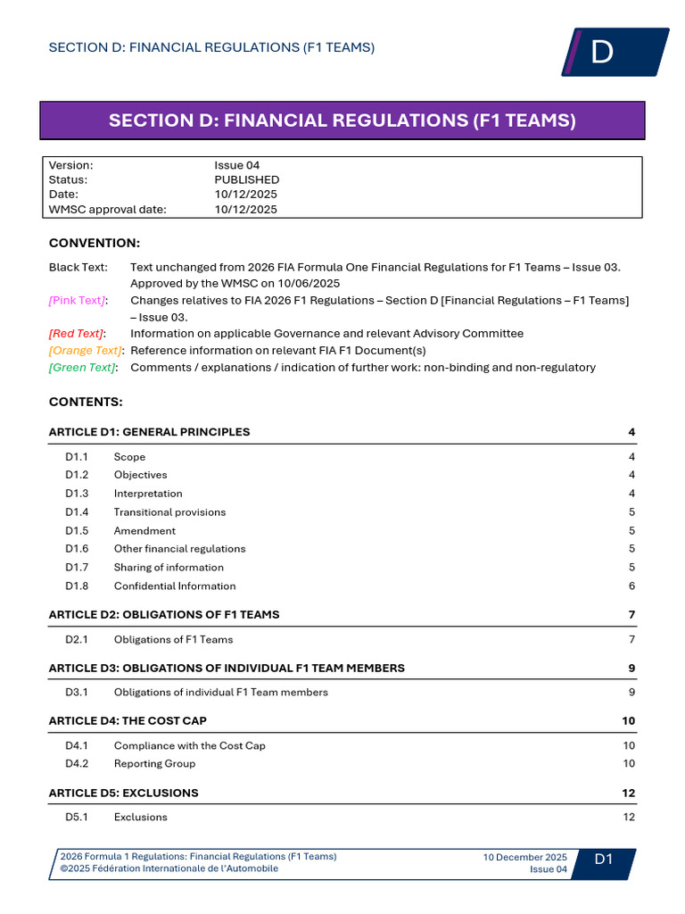 FIA 2026 F1 Regulations - Section D (Financial Regulations - F1 Teams ...