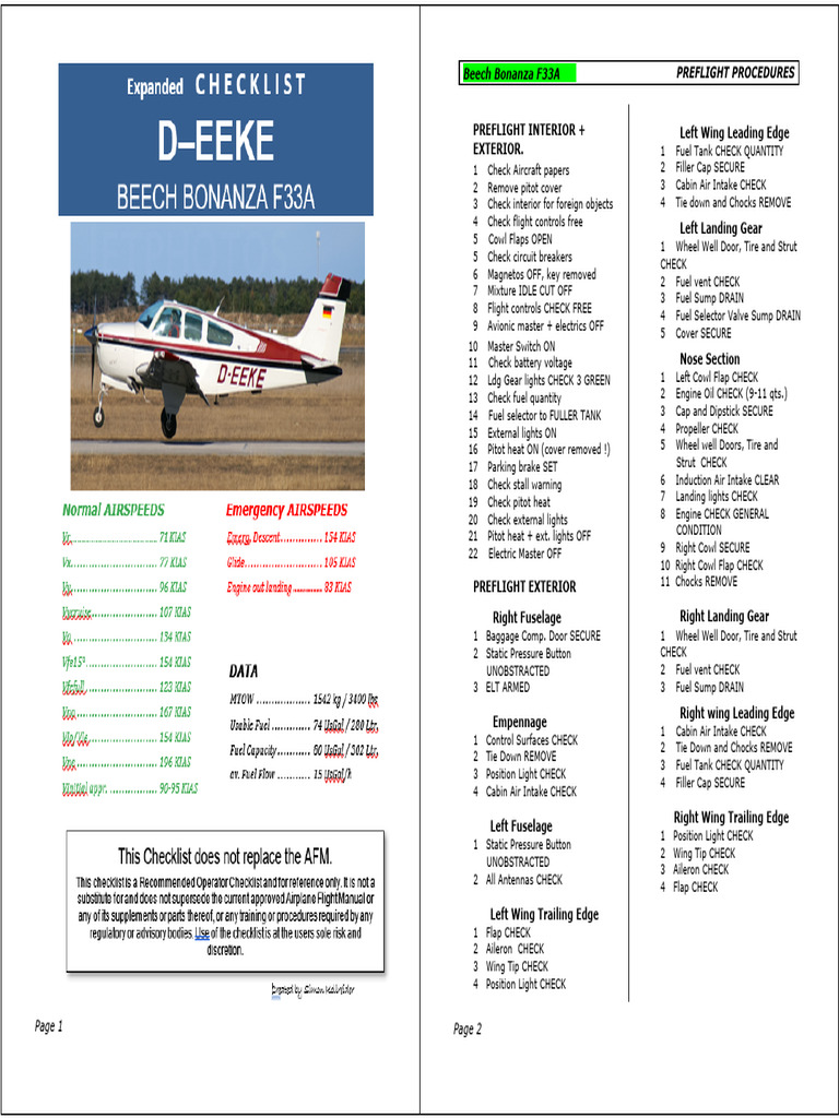 Checklist - Beech Bonanza F33A | PDF | Throttle | Landing Gear