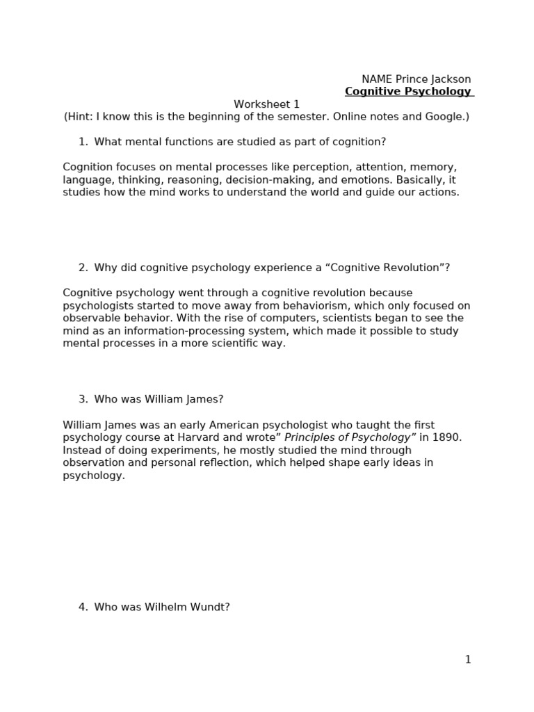 Cognitive Psychology Worksheet 1 | PDF | Cognition | Psychology