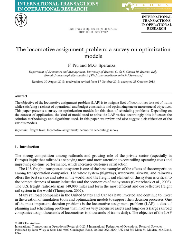 Piu Et Al. (2014) the Locomotive Assignment Problem - A Survey on ...