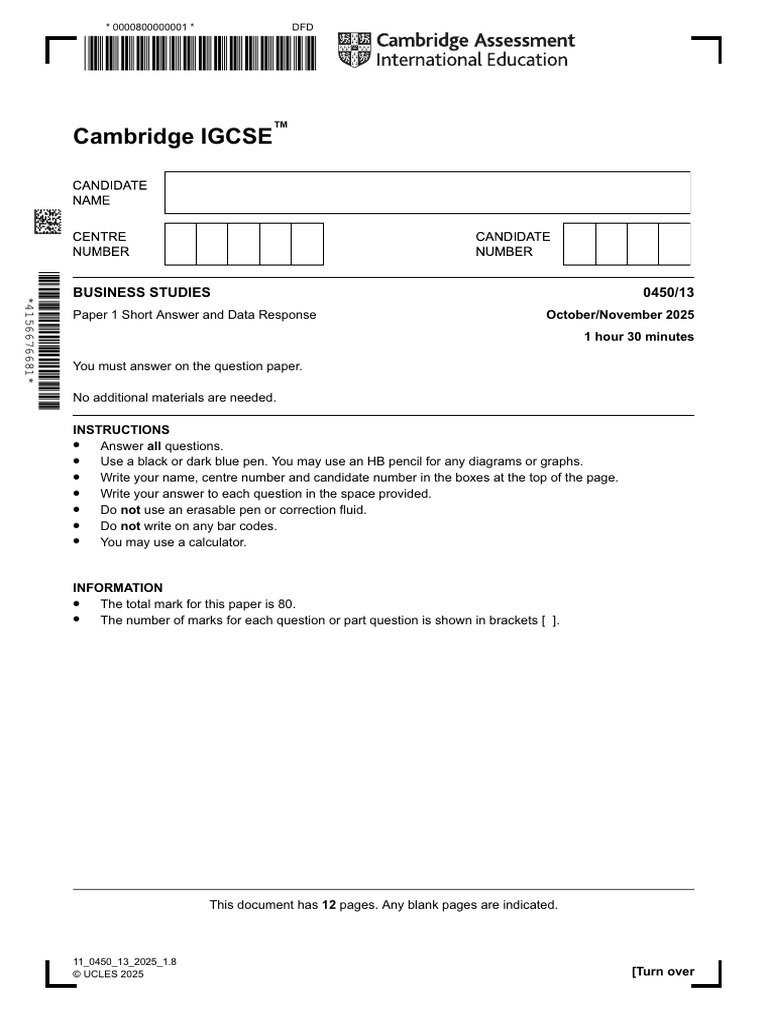 Cambridge IGCSE: 0450/13 Business Studies | PDF | Business | Business ...