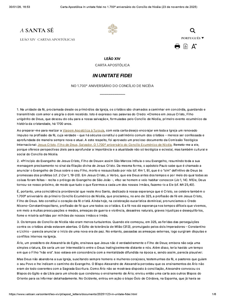 Carta Apostólica in Unitate Fidei No 1.700º Aniversário Do Concílio de ...