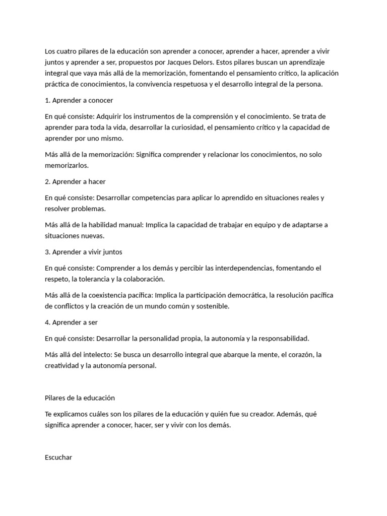 Los Cuatro Pilares de La Educación Son Aprender A Conocer | PDF ...