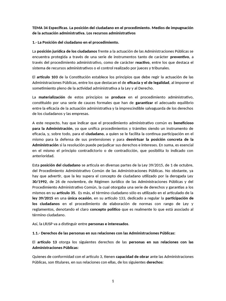 Tema 34 Específicas.-la Posic. Del Ciudadno en El Proced. Medios Impugn Act. Adm. Clases de ...