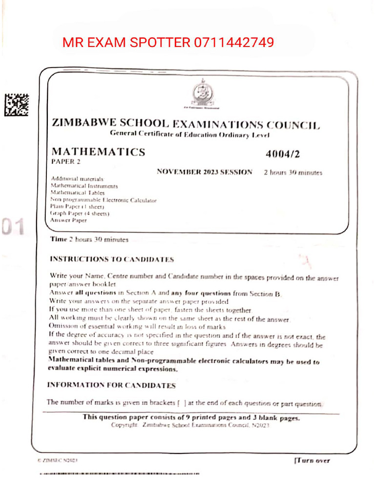 Zimsec November 2023 o'Level Mathematics Paper 2 | PDF