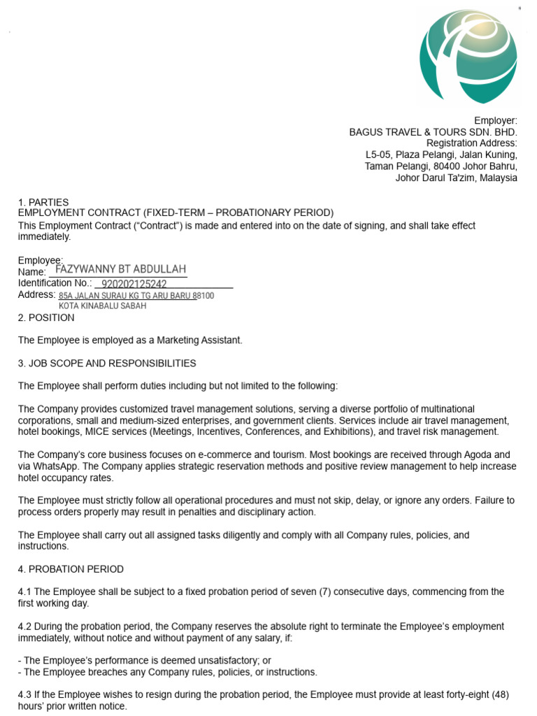 Probation Period Contract. | PDF | Employment | Salary