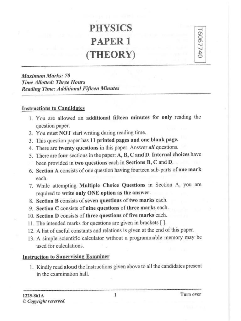 861a Physics Paper 1 (Theory) | PDF