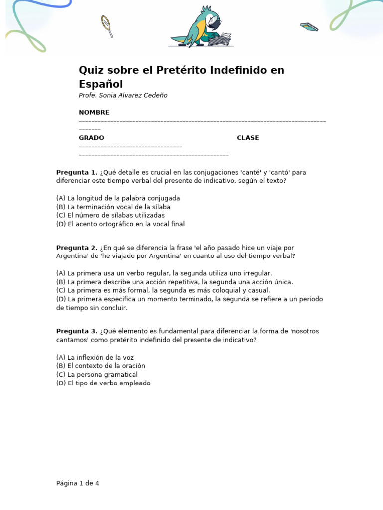 Copia de Quiz Sobre El Pretrito Indefinido en Espaol (1) | PDF | Verbo ...
