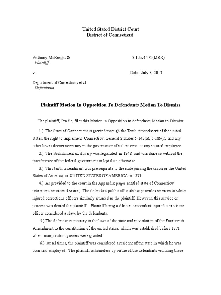 Plaintiff Motion In Opposition To Defendants Motion To Dismiss ...