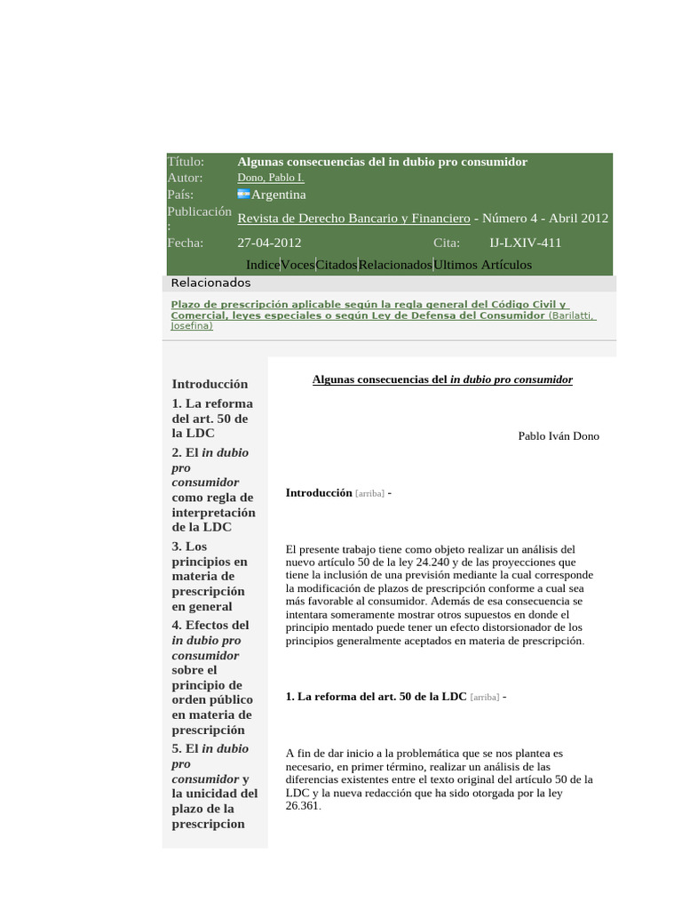 Algunas Consecuencias Del in Dubio Pro Consumidor - Dono | PDF