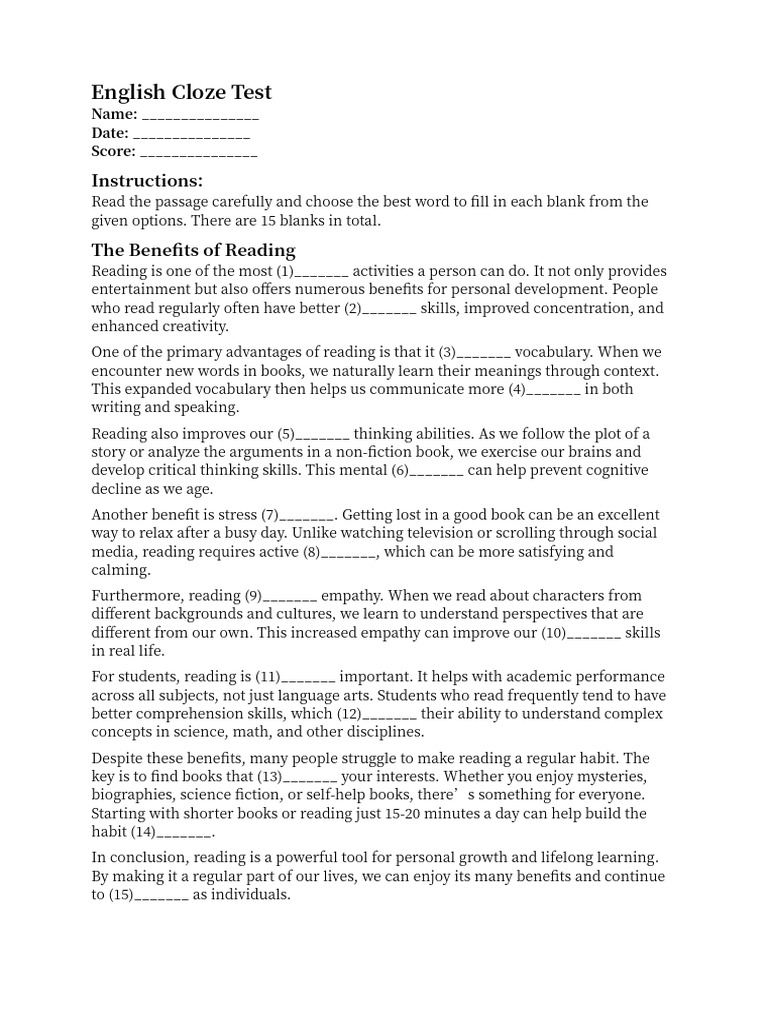 English Cloze Test | PDF | Empathy | Vocabulary