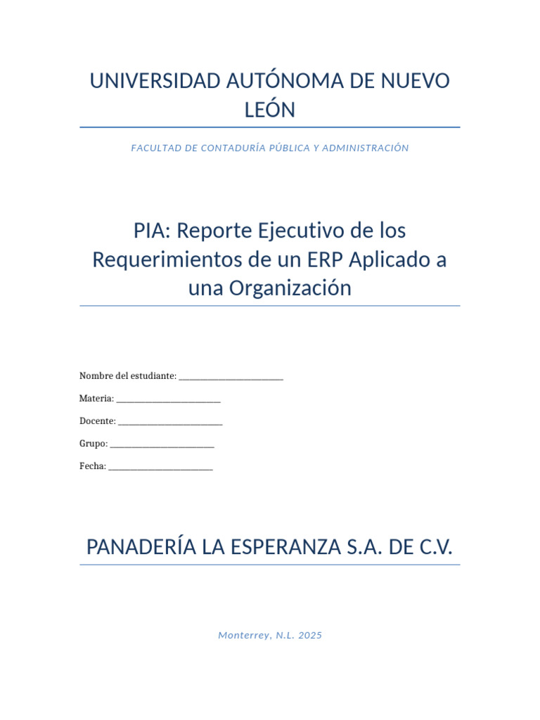 PIA Reporte Ejecutivo ERP Panaderia La Esperanza | PDF | Logística ...