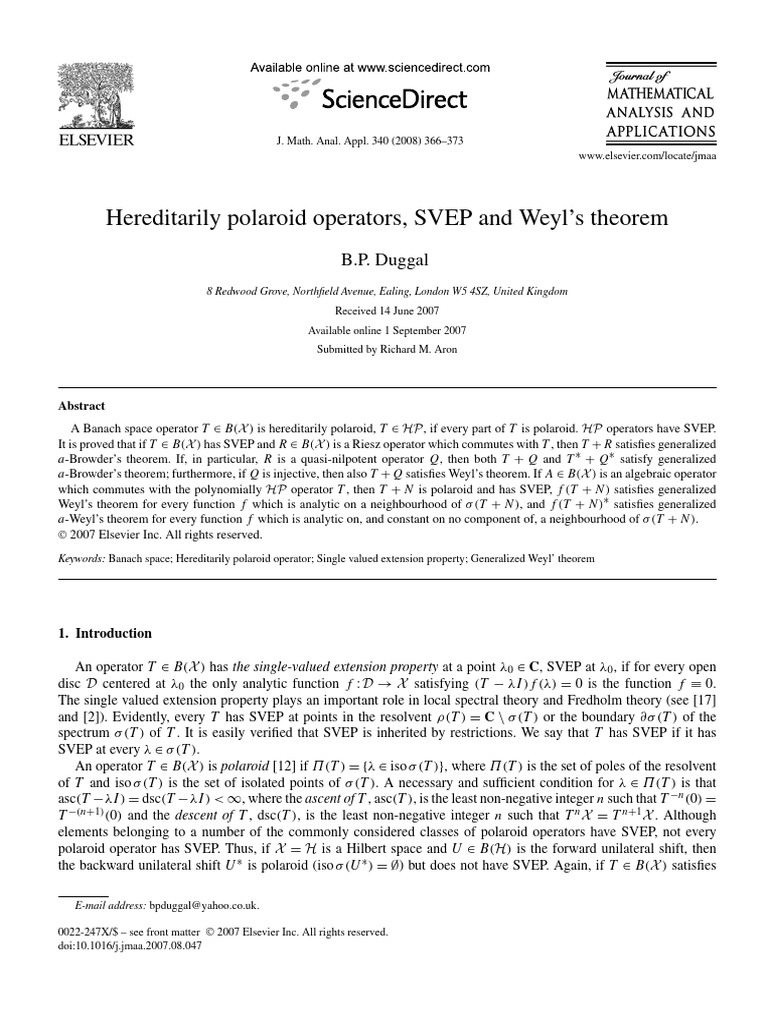 Hereditarily Polaroid Operators, SVEP and Weyl’s Theorem | PDF ...