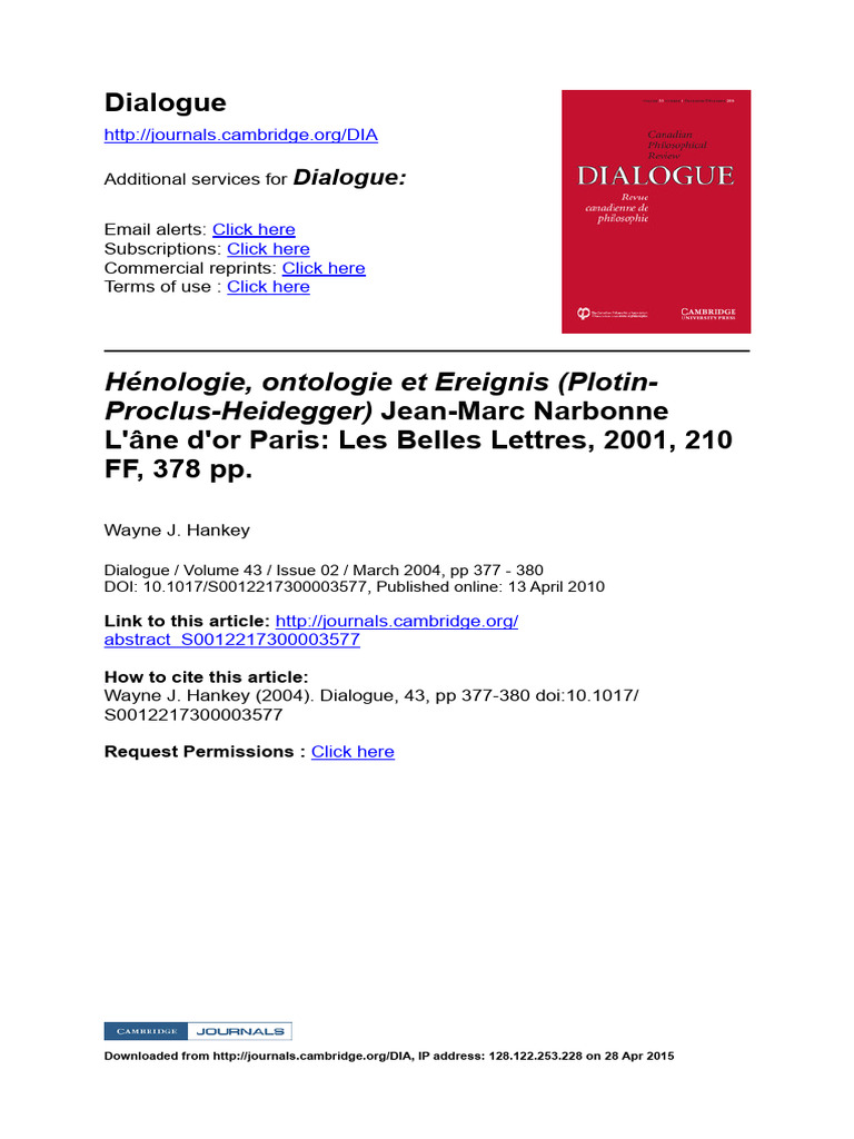 2- Henologie, ontologie et Ereignis (Plotin-Proclus-Heidegger ...