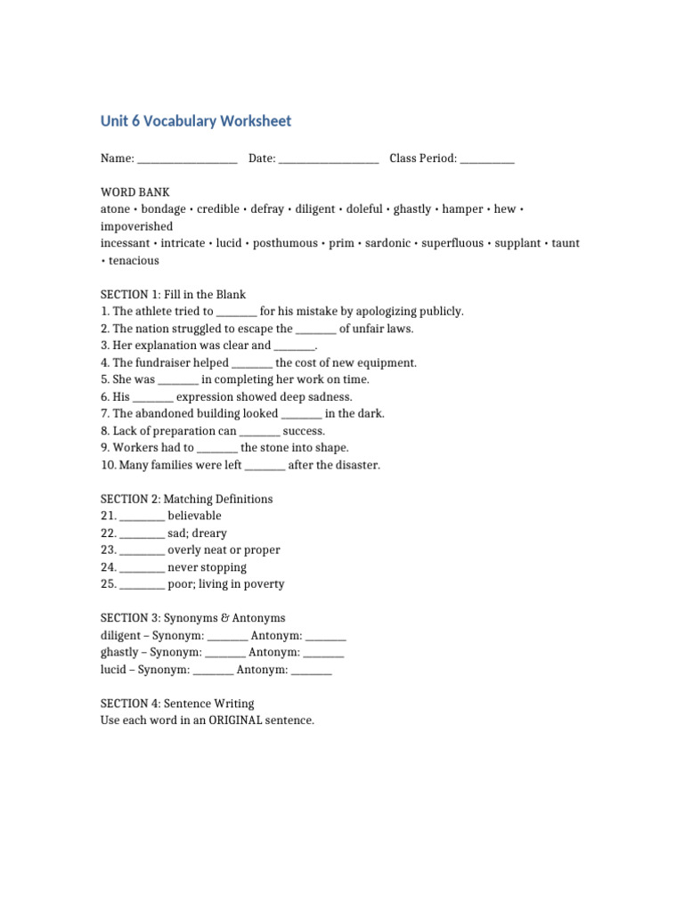 Unit 6 Vocabulary Worksheet | PDF