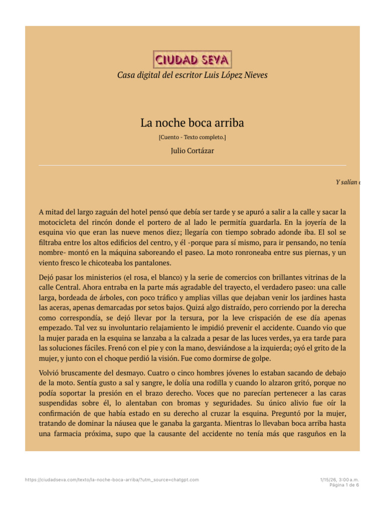 La noche boca arriba - Julio Cortázar - Ciudad Seva - Luis López Nieves | PDF