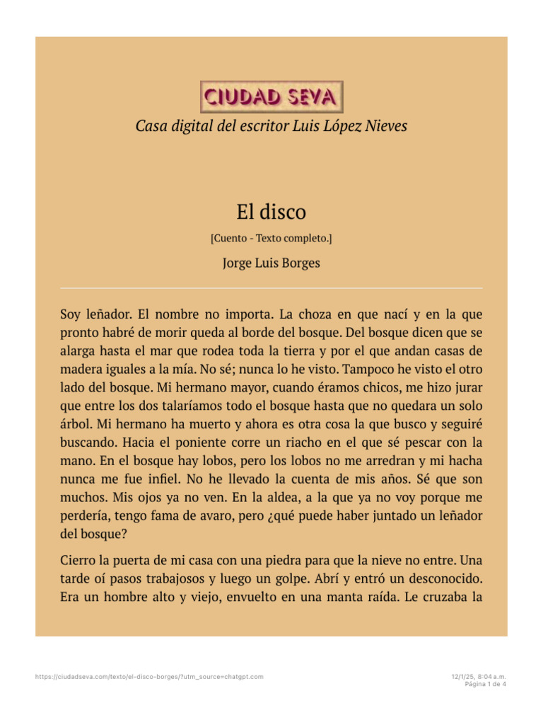 El disco - Jorge Luis Borges - Ciudad Seva - Luis López Nieves | PDF