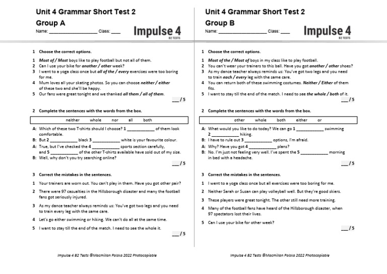 Unit 4 Grammar Short Test 2 AB | PDF