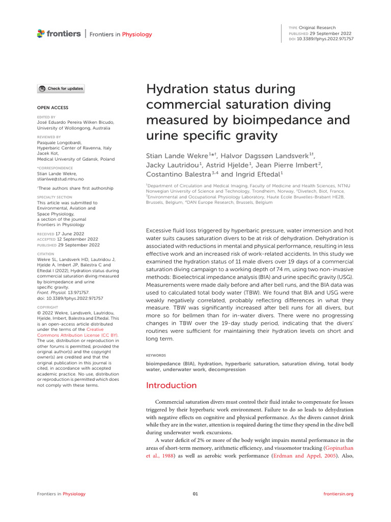 Hydration Status During Commercial Saturation Diving | PDF | Underwater ...