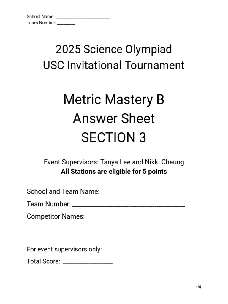 2025 USC Metric Mastery B Section 3 Answer Sheet 2 | PDF