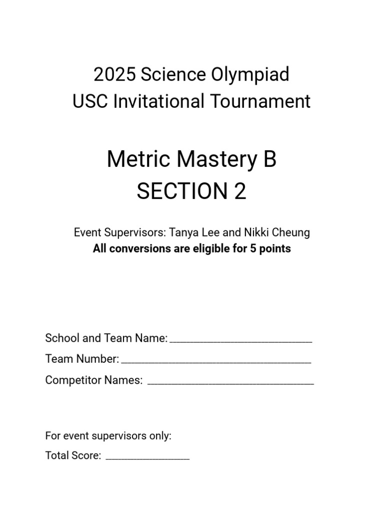 2025 USC Metric Mastery B Section 2 Test and Answer Sheet | PDF