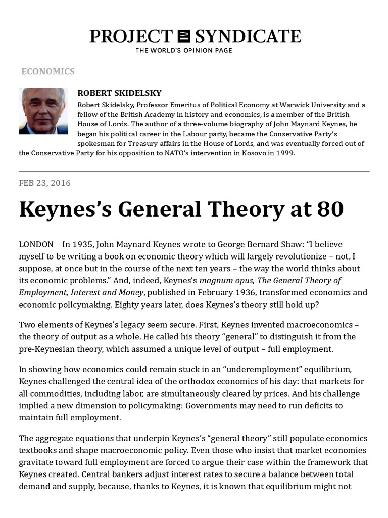 Keyness General Theory at 80 by Robert Skidelsky Project Syndicate ...