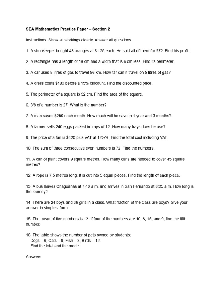 SEA Mathematics Practice Paper – Section 2- Week 2 | PDF | Chess ...