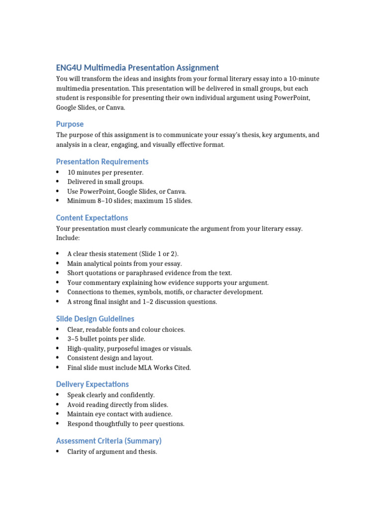 ENG4U Multimedia Presentation Assignment With Rubric (1) | PDF | Essays ...