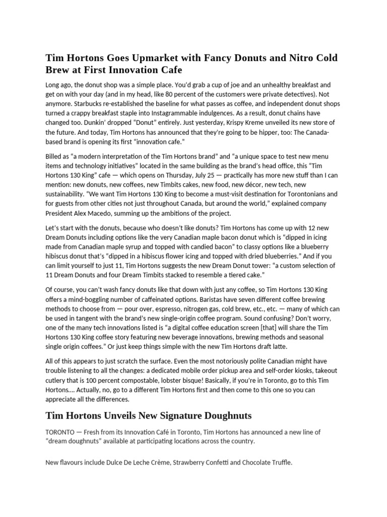 Tim Hortons Goes Upmarket With Fancy Donuts and Nitro Cold Brew | PDF ...