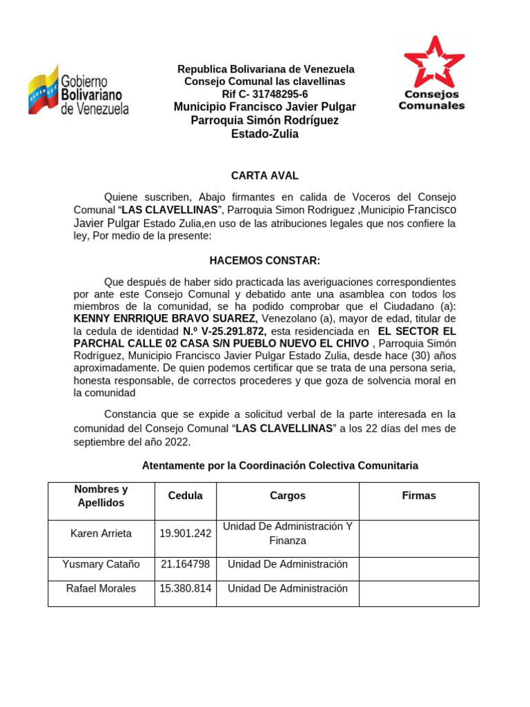 Consejo Comunal Las Clavellinas | PDF | Venezuela | Gobierno