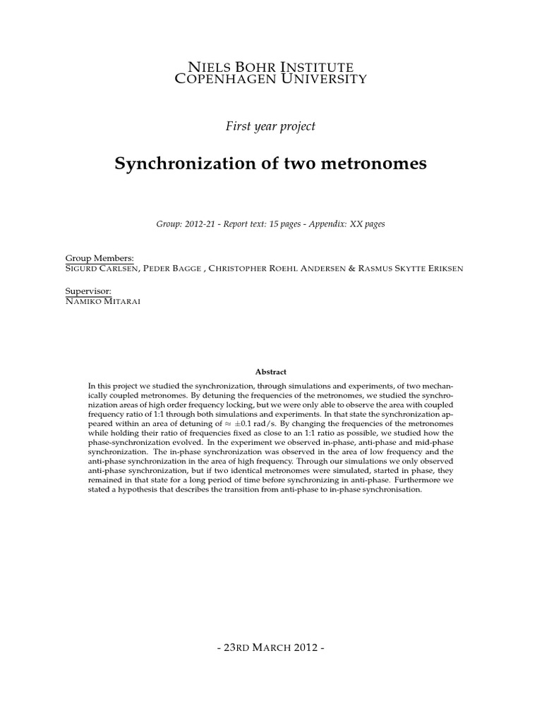 Synchronization of two metronomes | PDF | Oscillation | Pendulum