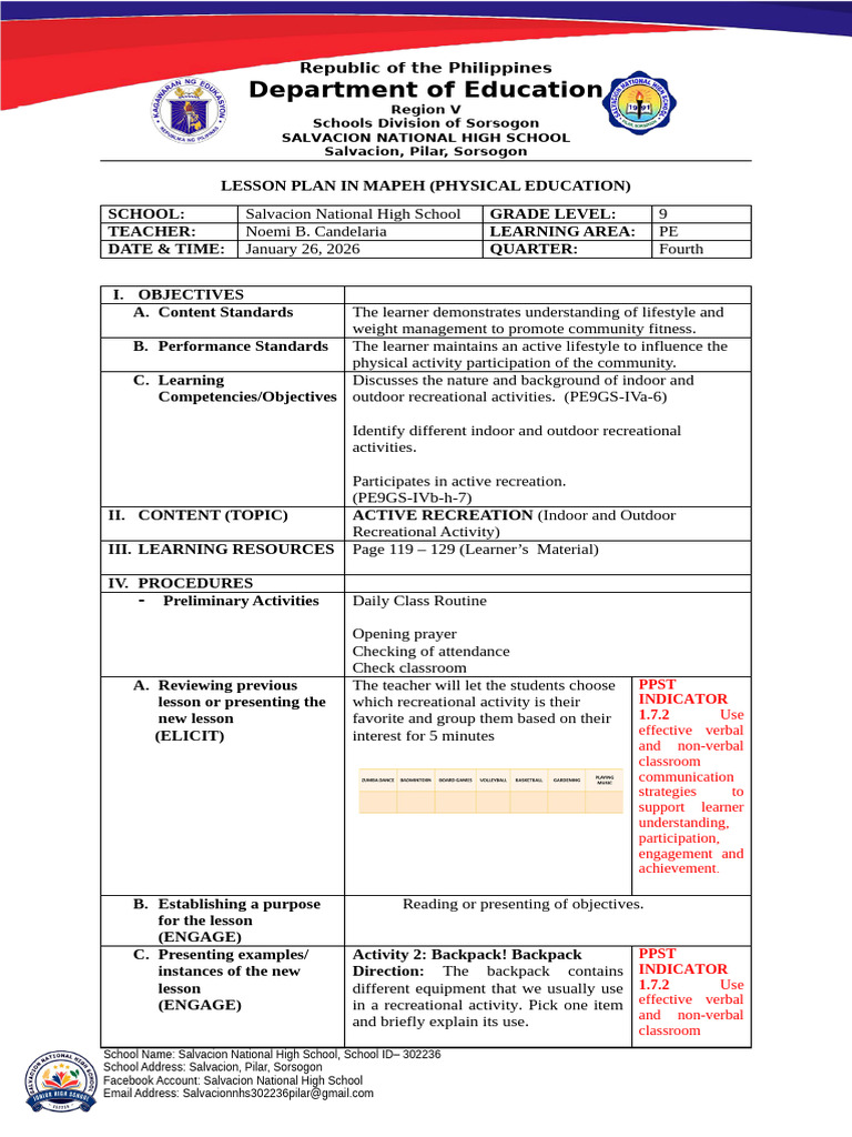 Lesson Plan in Mapeh 9 Active Recreation 2026 | PDF | Learning | Lesson ...