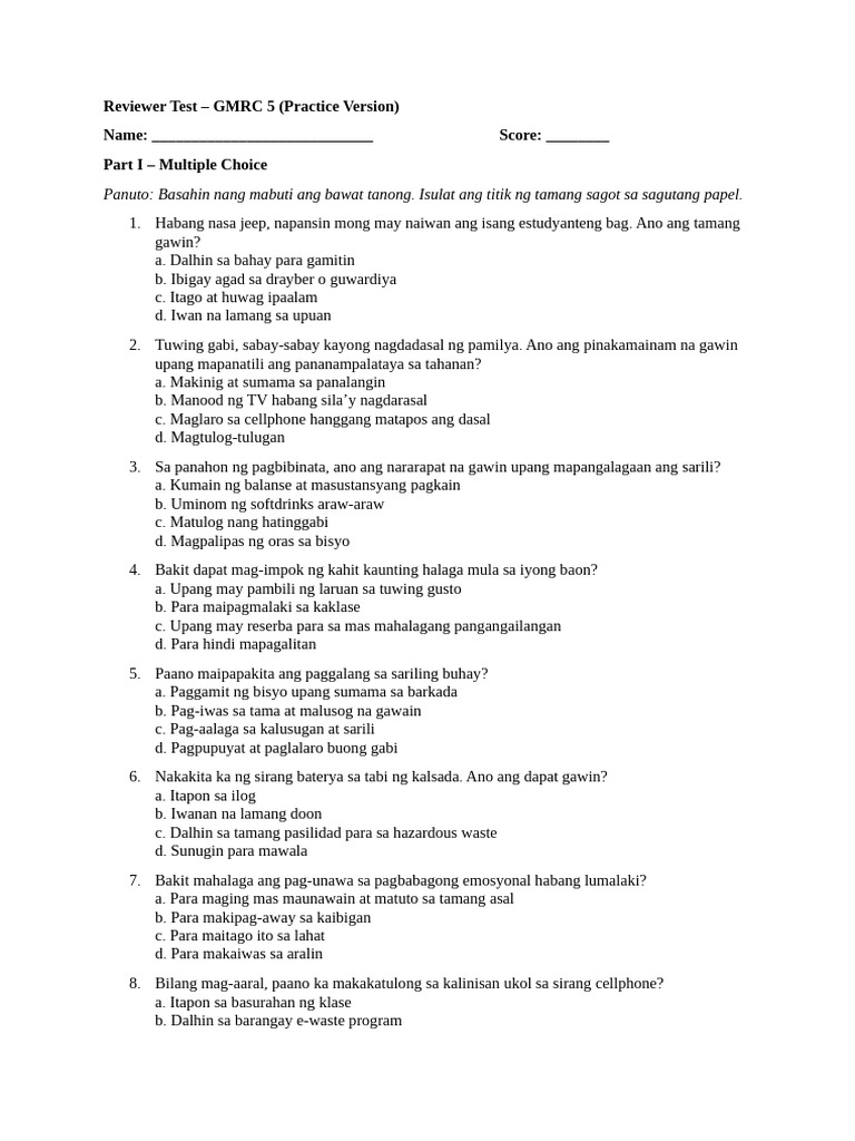 Grade 5 GMRC Reviewer Test | PDF