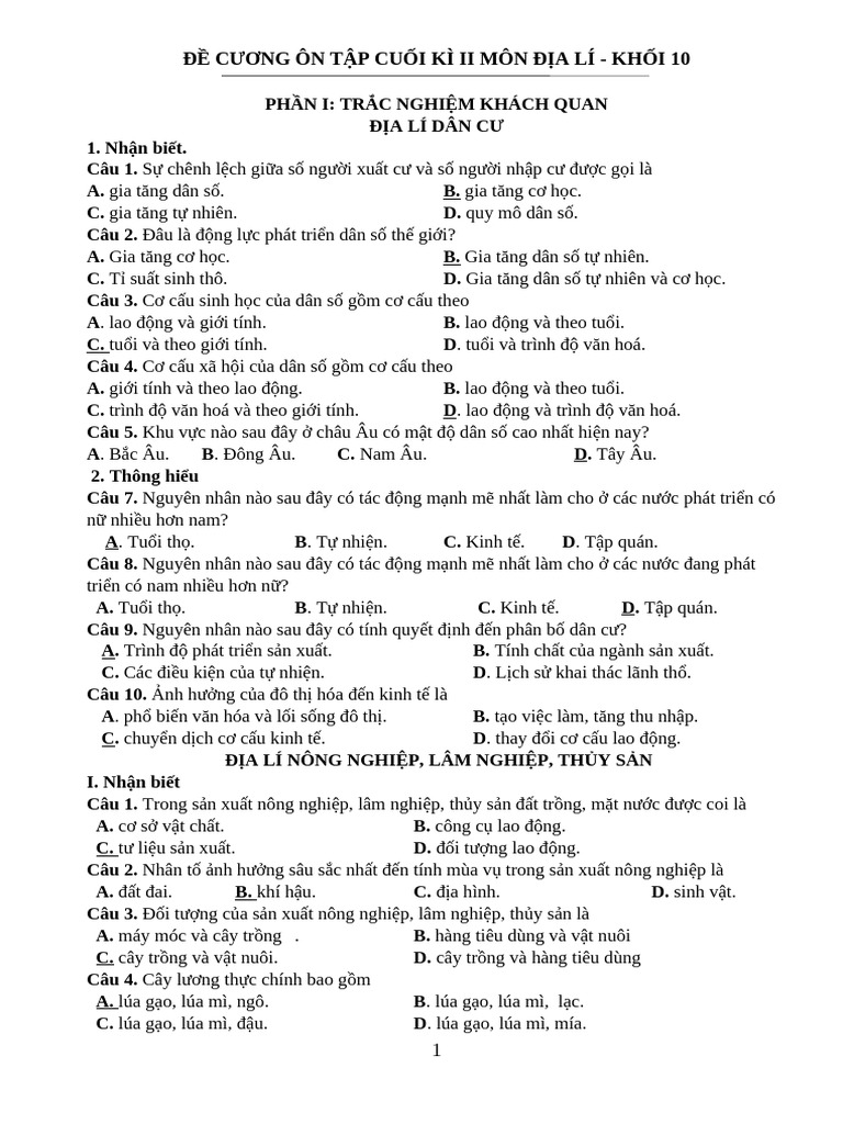 Dap an Đề Cương Ôn Tập Cuối Kì II.10 2025 | PDF