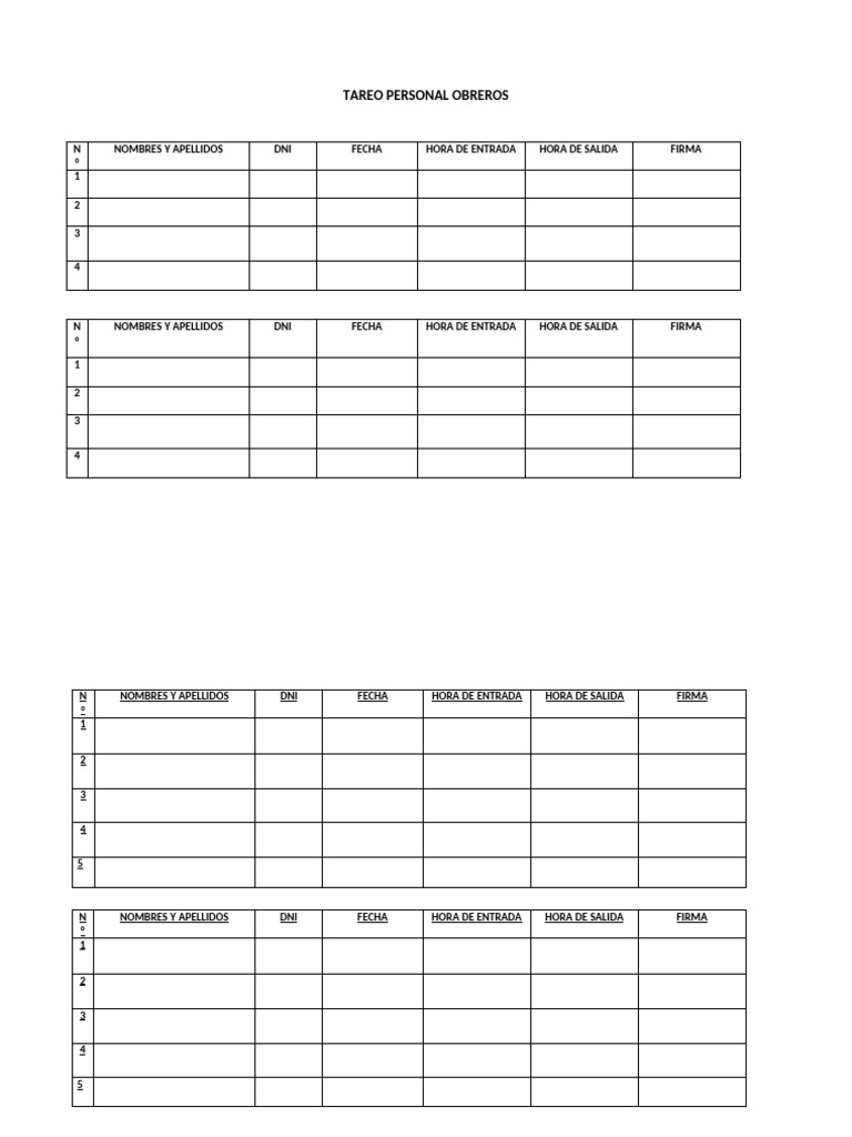 Tareo Personal Obreros Formato Blanco | PDF