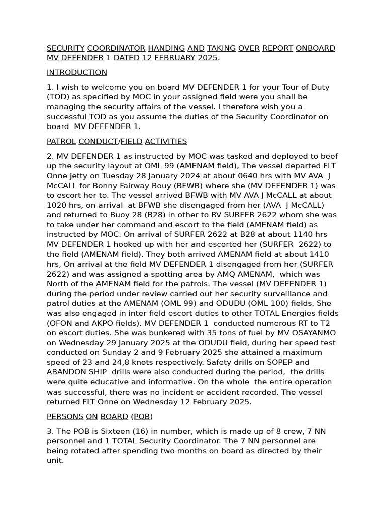 Document (4)Security Coordinator Handing and Taking Over Report Dated ...