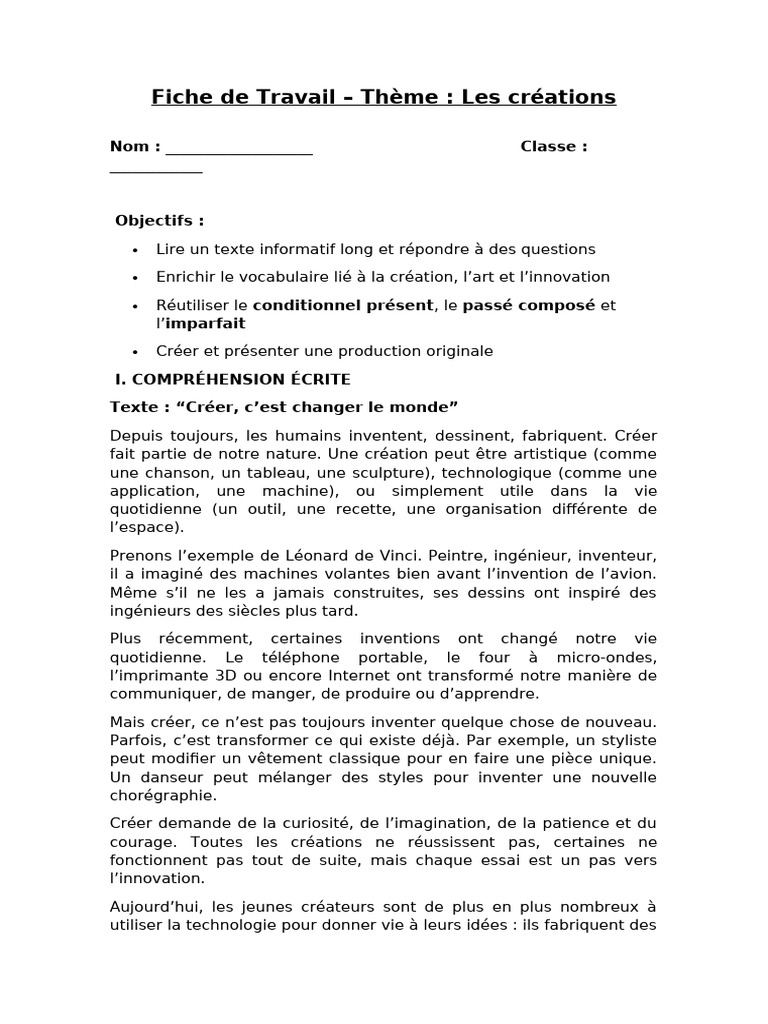 Fiche de Travail Créations | PDF | Innovation