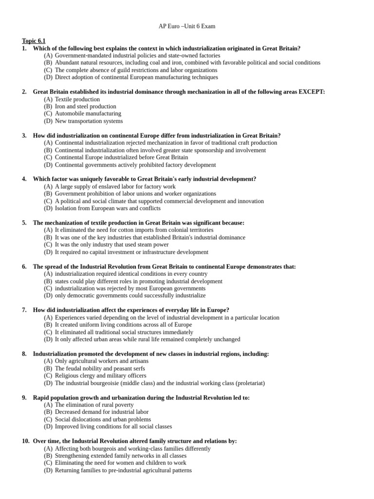 AP Euro - Practice Questions (Unit 6) | PDF | Conservatism | Socialism